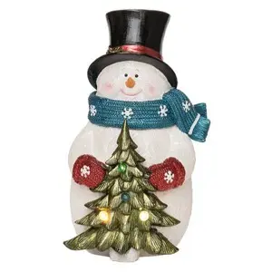TRANSPAC Christmas Light Up Chunky Snowman Figurine - Multicolored
