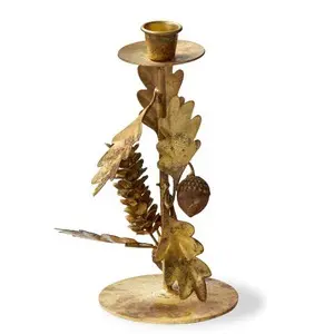TAG Oak Leaf Acorn Small Taper Candle Holder Antique Brass - Gold
