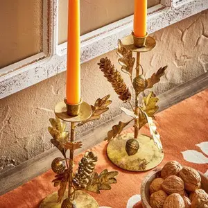 TAG Oak Leaf Acorn Small Taper Candle Holder Antique Brass