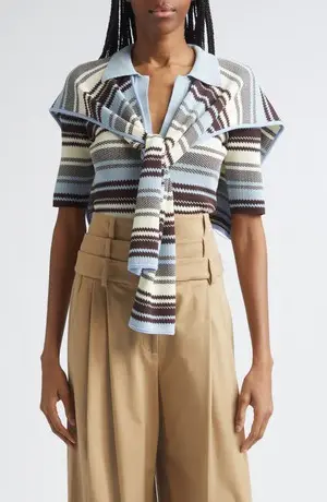 Monse Stripe Jacquard Polo Sweater With Shoulder Wrap
