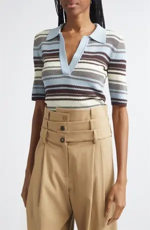 Monse Stripe Jacquard Polo Sweater With Shoulder Wrap
