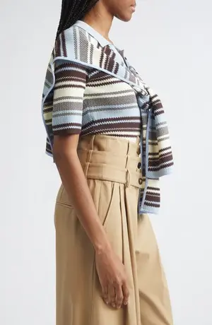 Monse Stripe Jacquard Polo Sweater With Shoulder Wrap