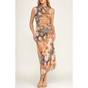 SOCIALITE Floral Shirred Mesh Dress - Brown/rust