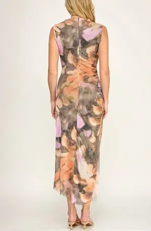 SOCIALITE Floral Shirred Mesh Dress - Brown/rust
