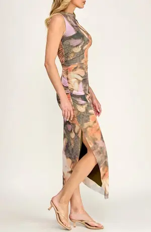 SOCIALITE Floral Shirred Mesh Dress - Brown/rust