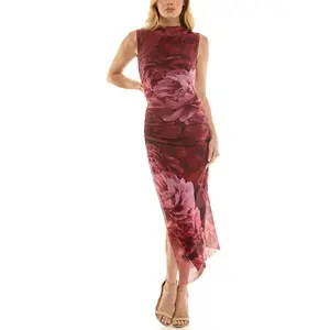 SOCIALITE Floral Shirred Mesh Dress - Wine/pink