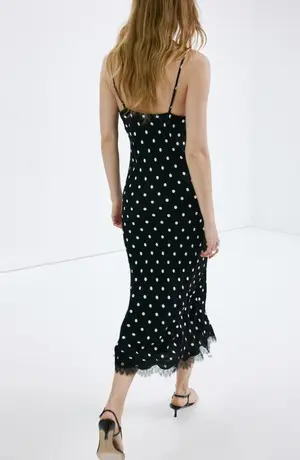 Mango Lace Trim Polka Dot Midi Dress