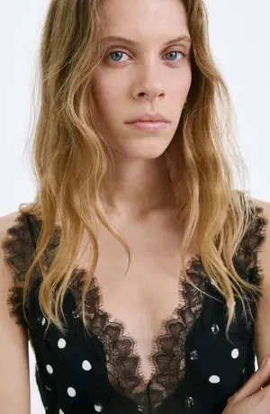 Mango Lace Trim Polka Dot Midi Dress