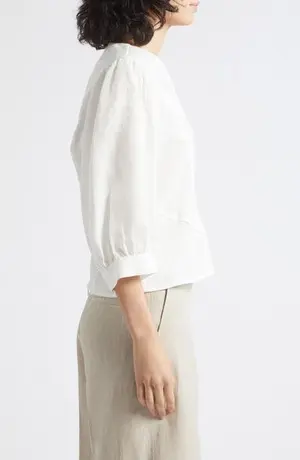 REISS Evie Linen V-neck Top With Balloon Sleeves - Ivory