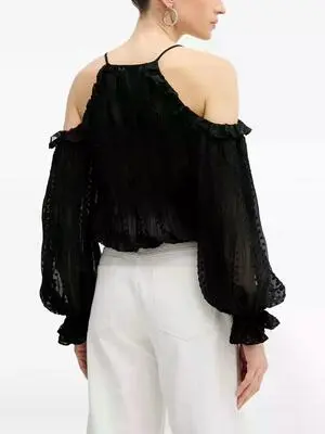 Guess Swiss-dot Ruffled Cold-shoulder Blouse