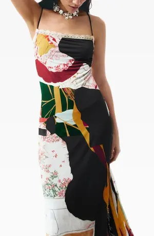 Desigual Patchwork Print Knit Maxi Dress With Lace Trim
