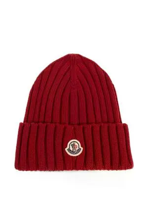 Moncler Logo Patch Ribbed Knit Beanie Hat - Red