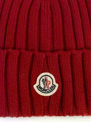 Moncler Logo Patch Ribbed Knit Beanie Hat