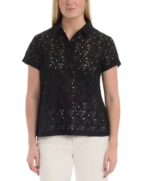 WILT CLOTHING Short Sleeve Lace Polo Top - Black