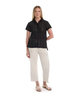 WILT CLOTHING Short Sleeve Lace Polo Top - Black