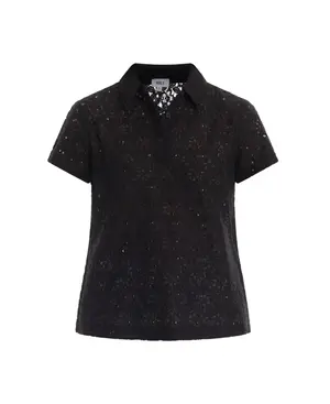 WILT CLOTHING Short Sleeve Lace Polo Top - Black