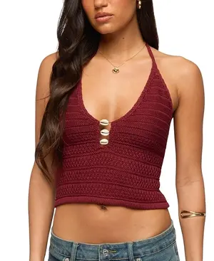 EDIKTED Backless Coastal Charm Crochet Top - Maroon