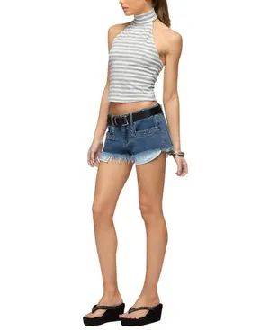 EDIKTED Meshy Studded Denim Micro Shorts