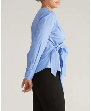 Universal Standard Beacon Stretch Poplin Wrap Shirt - Soft Blue