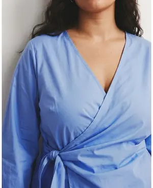 Universal Standard Beacon Stretch Poplin Wrap Shirt - Soft Blue