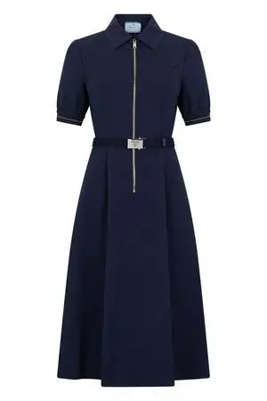 Prada Elegant Long Cotton Dress With Belt - Blue