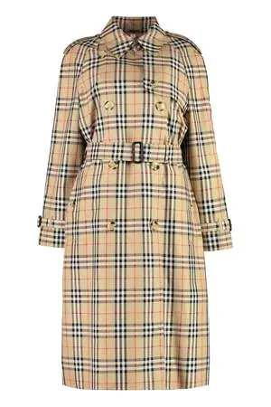Burberry Long Check Collar Gabardine Trench Coat - Beige