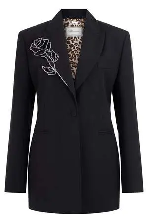 Blumarine Elegant Wool Blazer With Rose Embroidery - Black