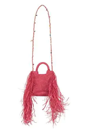MADE FOR A WOMAN Mini Handwoven Raffia Handbag With Fringe - Fuchsia