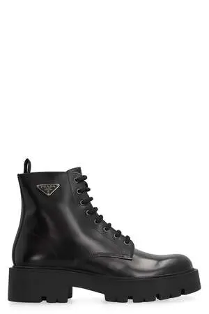 Prada Leather Lace-up Combat Boots - Black