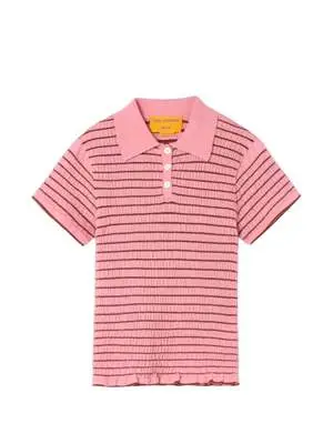 Guest In Residence Striped Smocked Cashmere Polo Shirt - Rosa