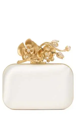 JIMMY CHOO Satin Mini Clutch With Golden Floral Embellishment - Ivory