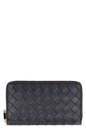 Bottega Veneta Elegant Zip-around Wallet With Intrecciato Detail 19 Cm - Black