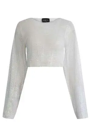 SANTA BRANDS Embellished Open-knit Semi-sheer Top - White