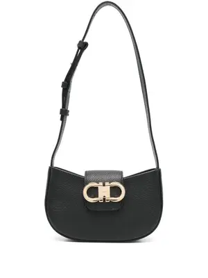 FERRAGAMO Double Gancio Leather Shoulder Bag - Black