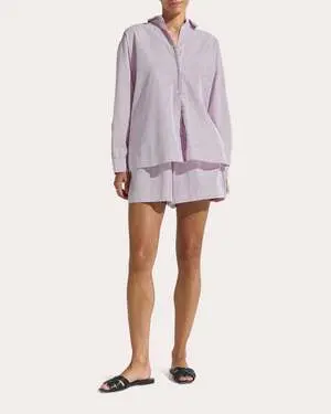 SEAQUELLE SWIM Drift Stripe Poplin Gathered Button-up Top Cotton