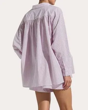 SEAQUELLE SWIM Drift Stripe Poplin Gathered Button-up Top Cotton
