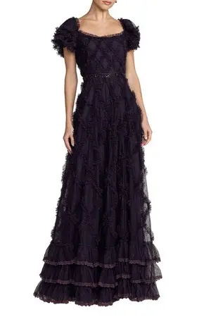 Mac Duggal Ruffled Tiered Mesh Gown - Midnight