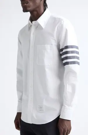 Thom Browne Straight Fit 4-bar Cotton Oxford Poplin Button-down Shirt - White/navy