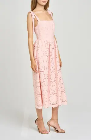 WAYF Kassi Embroidered Midi Dress With Tie Shoulders - Blush