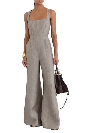 REISS Flora Wide Leg Linen Romper - Neutral