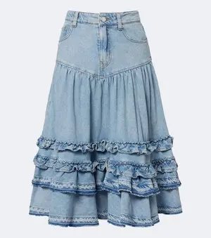 GANNI Ruffled Denim Midi Skirt