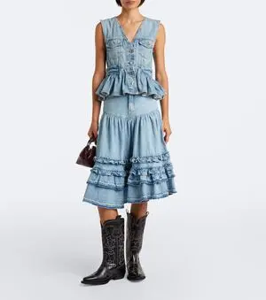 GANNI Ruffled Denim Midi Skirt