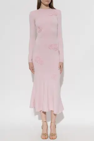 SELF-PORTRAIT Knit Midi Dress With Floral Lace Appliqués