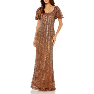 Mac Duggal Scoop Neck Flutter Sleeve Embellished Gown