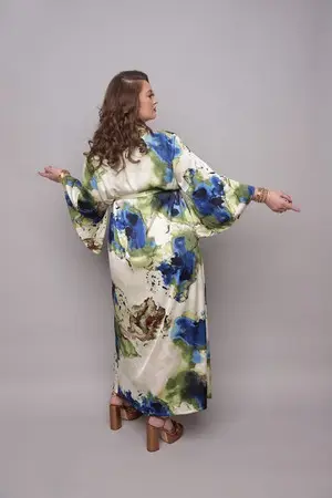 DEARCURVES Abstract Watercolor Print Kimono Maxi Dress