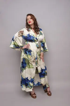 DEARCURVES Abstract Watercolor Print Kimono Maxi Dress