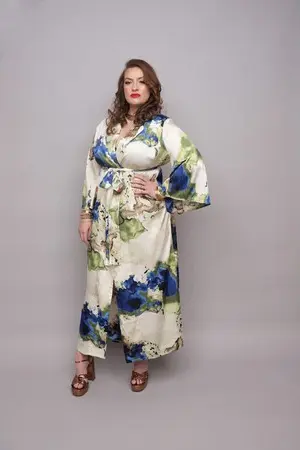 DEARCURVES Abstract Watercolor Print Kimono Maxi Dress