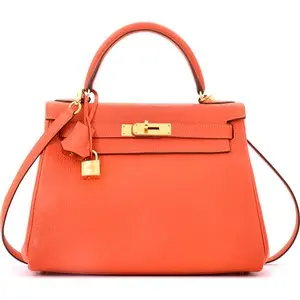 Hermès Kelly Handbag Clemence With Gold Hardware 28 - Orange