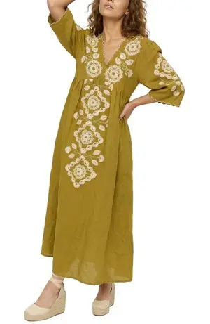 RAFFYA Arianna V-neck Embroidered Maxi Dress - Chartueuse