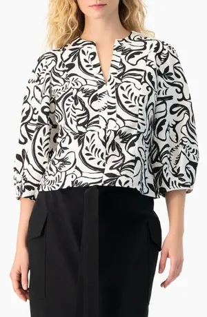 IVONNE Graphic Brushstroke Floral Woven V-neck Blouse
